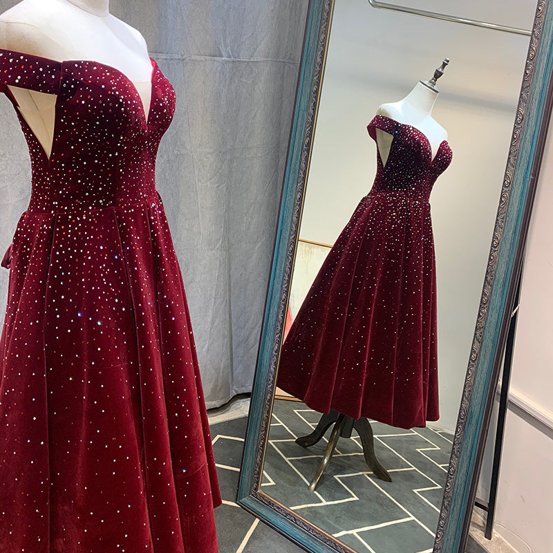 Cute Off Shoulder Velvet Tea Length Beaded Homecoming Dress, Short Pro ...