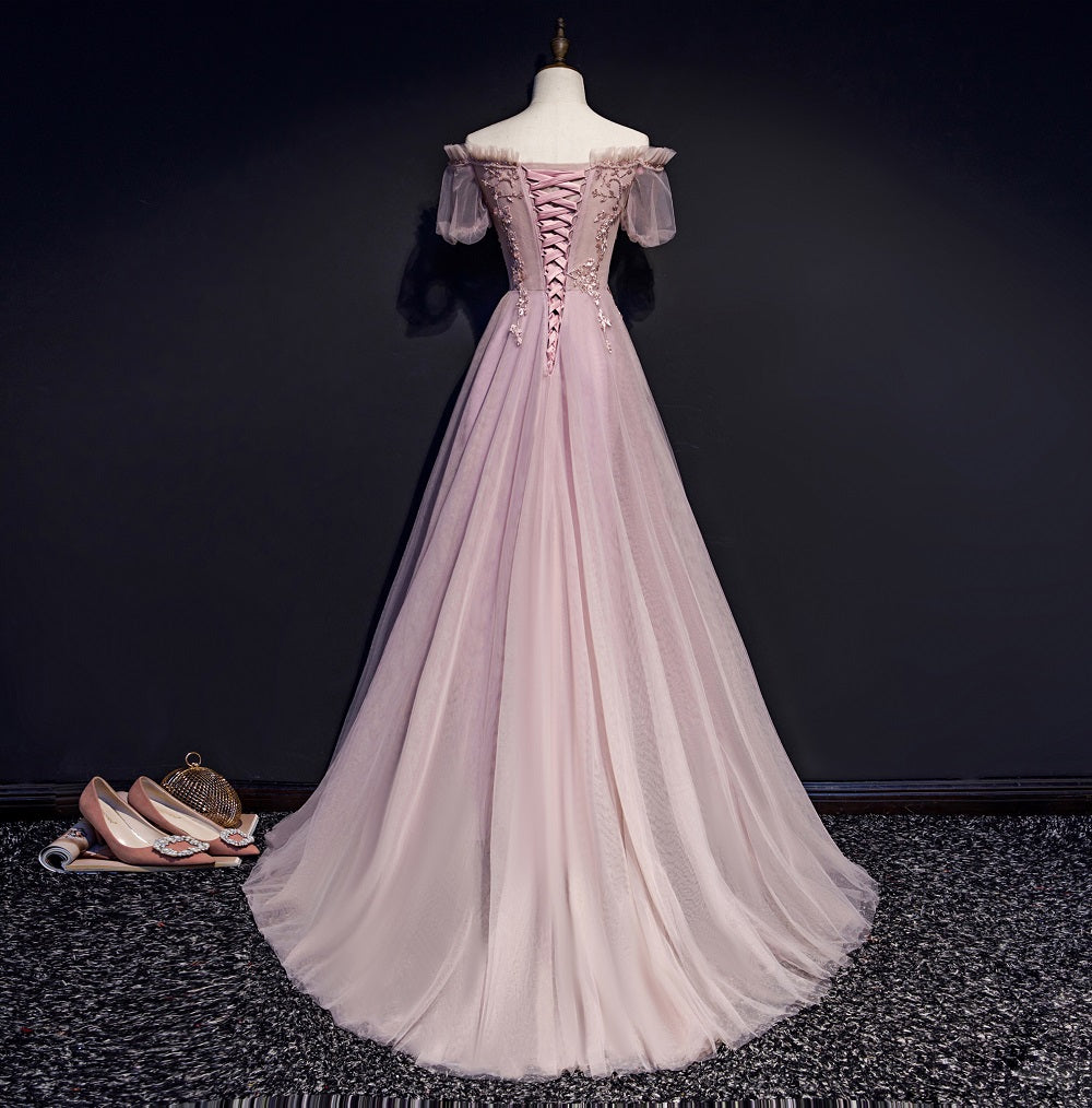 Unique Pink Off Shoulder with Lace Long Party Dress, Prom Gown – Cutedressy