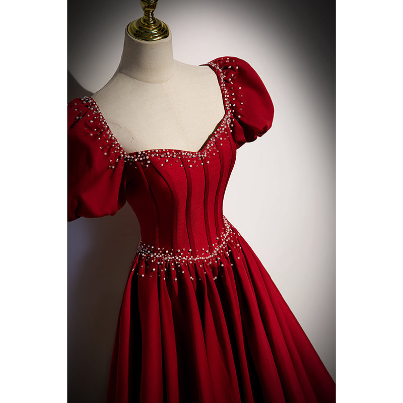 Wine Red Satin Long Beaded Floor Length Party Dress, Wine Red Prom Dre ...