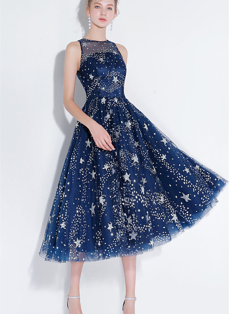 Navy Blue Tea Length Party Dress, Blue Prom Dress Bridesmaid Dress ...
