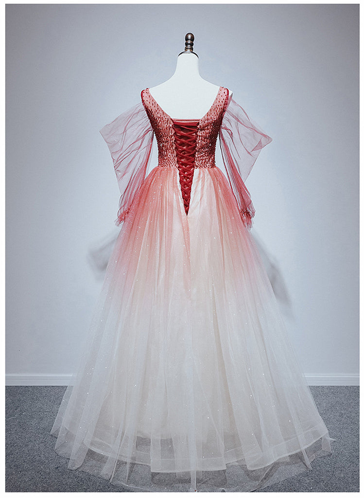 Red Gradient Beaded Tulle A-line Long Formal Dress, Red Junior Prom Dr ...
