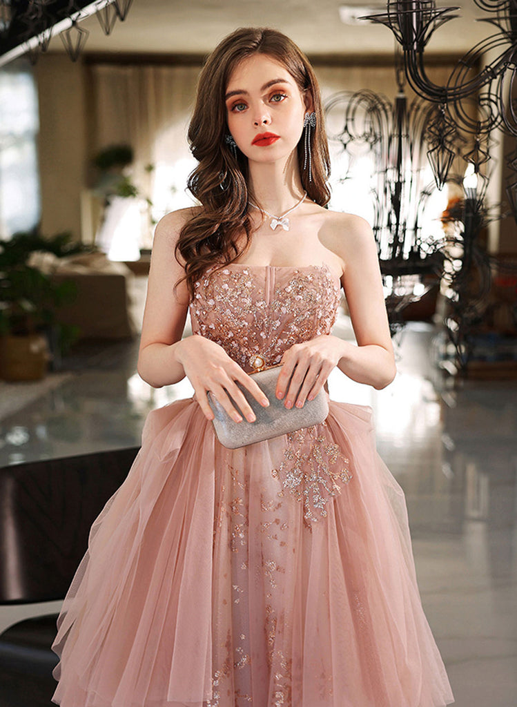 Pink Tulle with Lace Applique A-line Long Party Dress, Pink Floor Leng ...