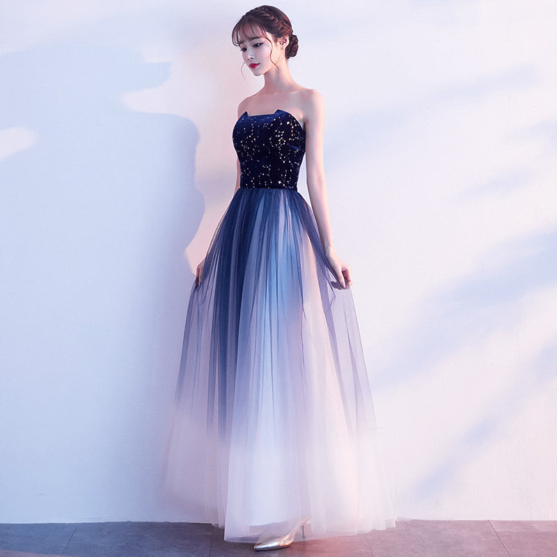 Blue Gradient Tulle Simple A-line Party Dress, Blue Gradient Formal Dr ...