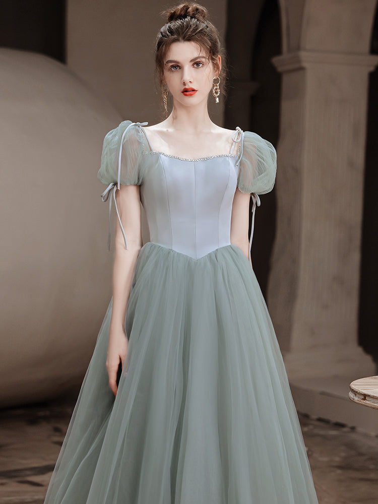 Cute Green Tulle Beaded A-line New Prom Dress, Short Sleeves Tulle For ...