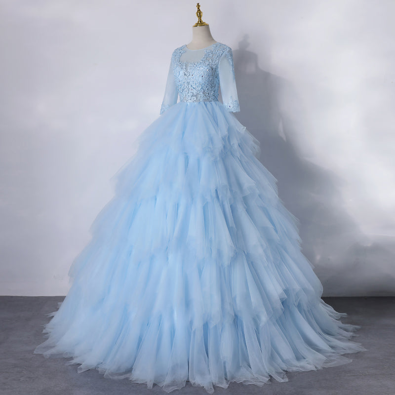 Light Blue Layers Tulle with Lace Princess Gown, Short Sleeves Ball Go ...