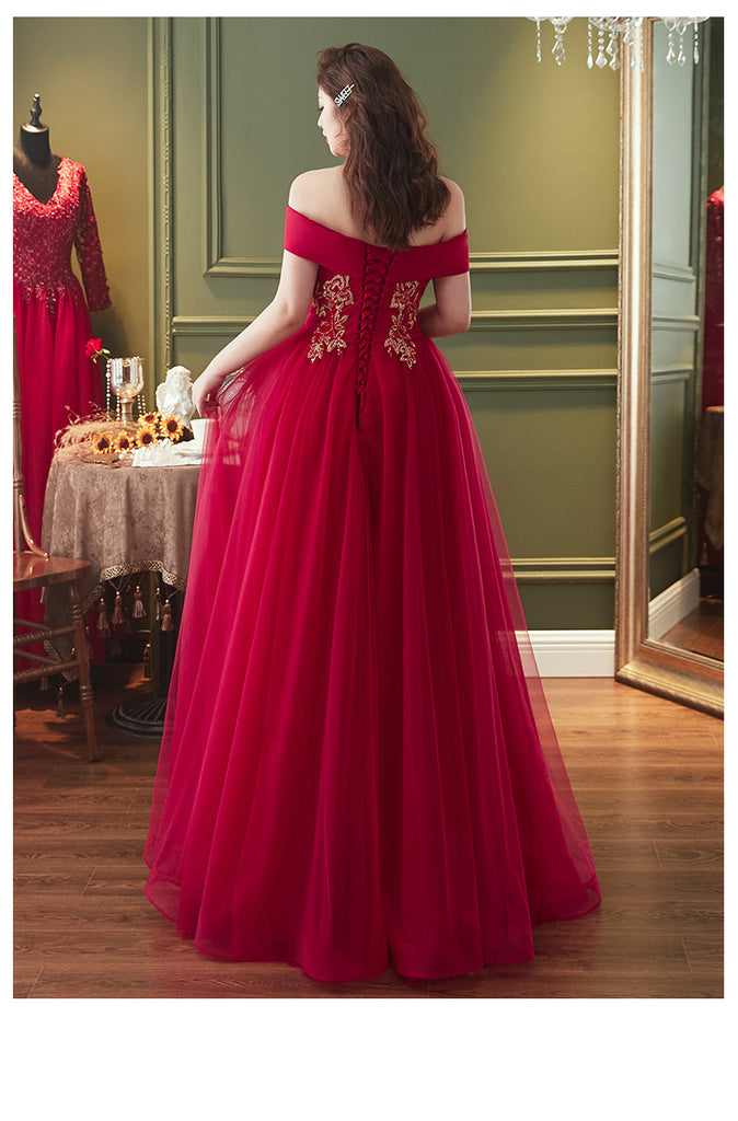 Red Plus Size Tulle Off Shoulder Long Evening Dress, Red A-line Prom D ...