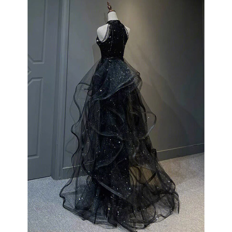 Black Halter Shiny Tulle Long Party Dress with Beadings, Black Tulle P ...