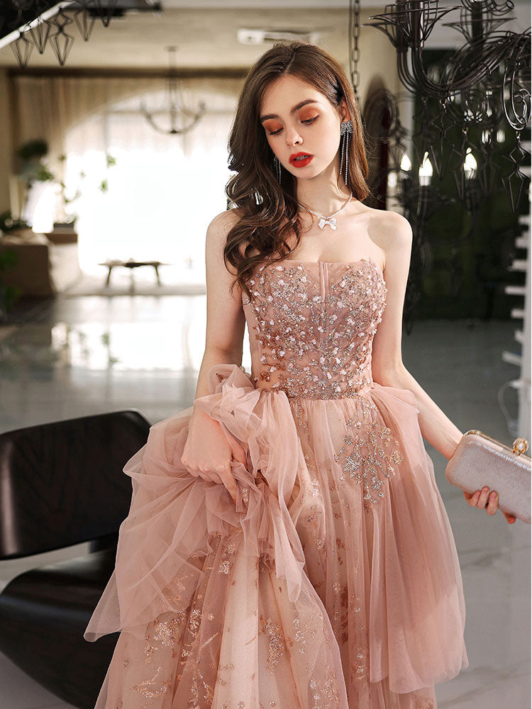 Pink Tulle with Lace Applique A-line Long Party Dress, Pink Floor Leng ...