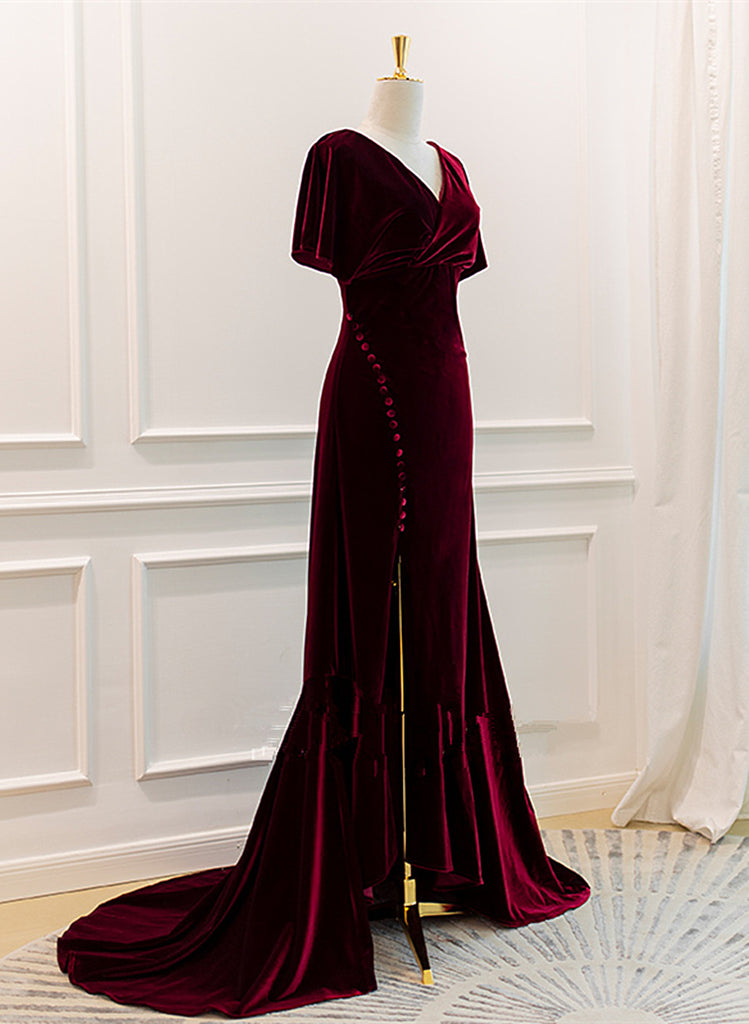 Wine Red Velvet Long Wedding Party Dress with Leg Slit, Wine Red Forma ...