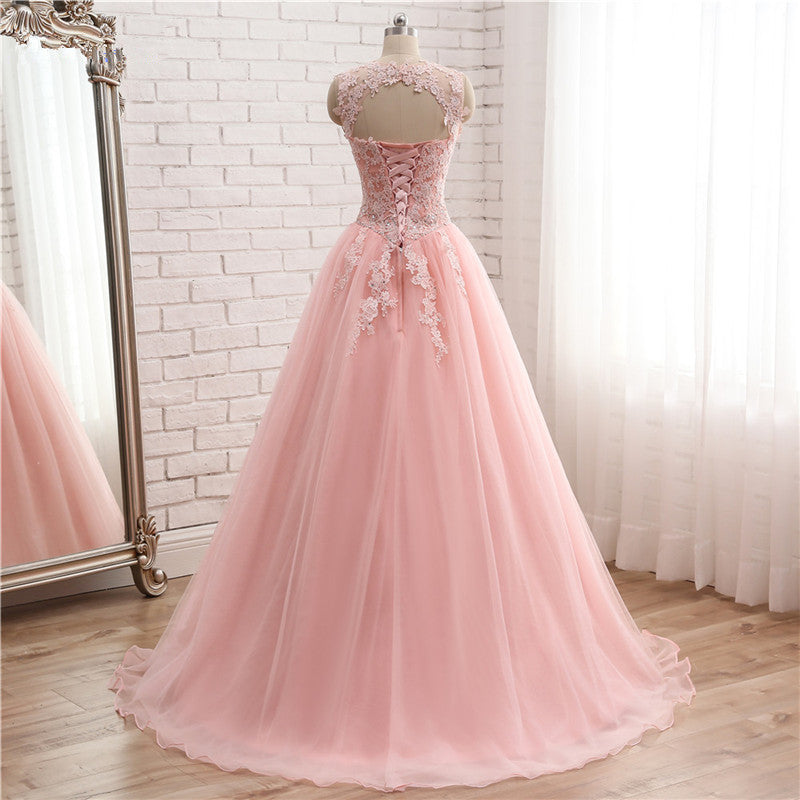 Pink Tulle with Lace Applique Ball Gown Open Back Evening Gown, Pink F ...