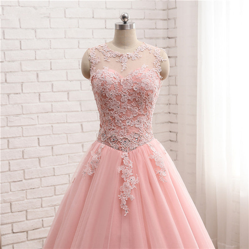 Pink Tulle with Lace Applique Ball Gown Open Back Evening Gown, Pink F ...