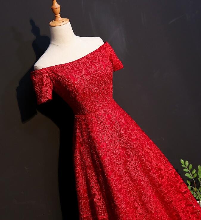 Beautiful Red Lace Off Shoulder Floor Length Party Dress, Red Formal D ...
