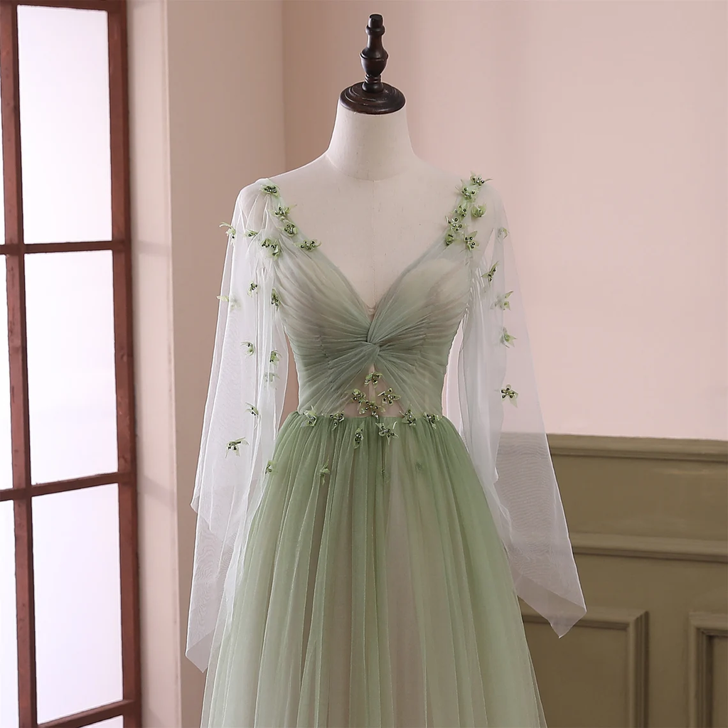 Light Green Long Sleeves Gradient Tulle Party Dress, Green Floor Lengt ...