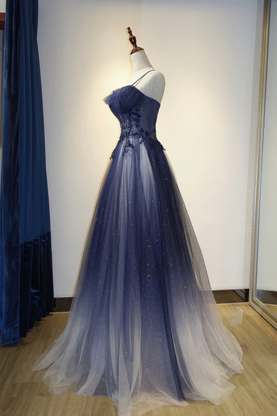 Elegant Gradient Tulle Straps Long Party Dress, A-line Tulle Prom Dres ...