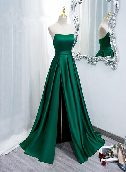Green Simple Satin Long Prom Dress with Leg Slit, Green Evening Formal ...