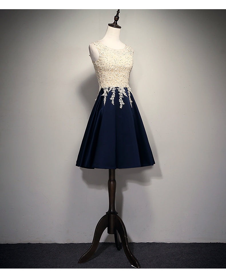 Cute Navy Blue Short Prom Dress , Homecoming Dress with Lace Applique ...