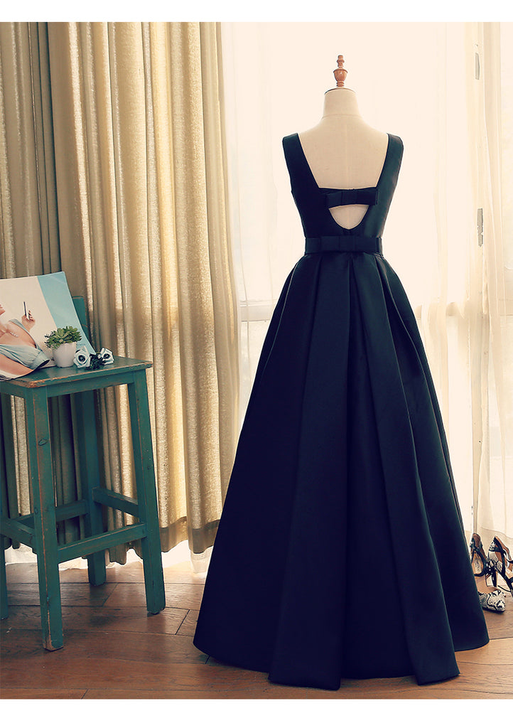 Black Round Neckline Satin Long Party Dress, A-line Floor Length Eveni ...