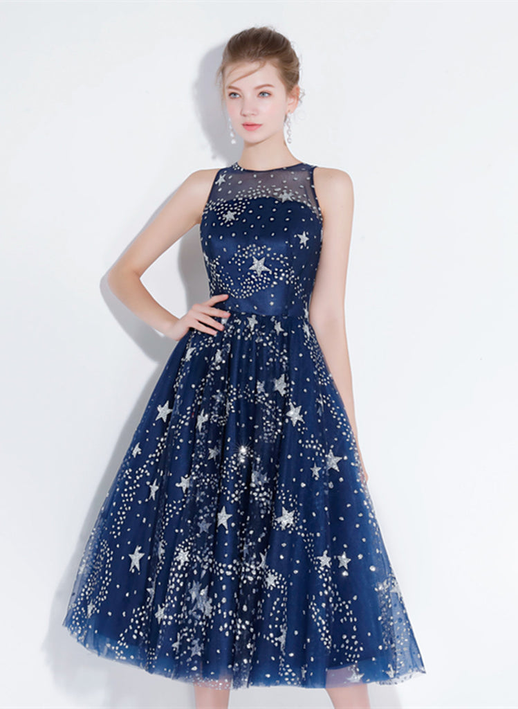 Navy Blue Tea Length Party Dress, Blue Prom Dress Bridesmaid Dress ...
