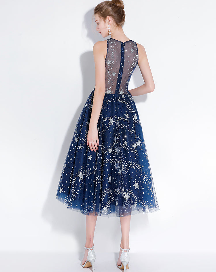 Navy Blue Tea Length Party Dress, Blue Prom Dress Bridesmaid Dress ...