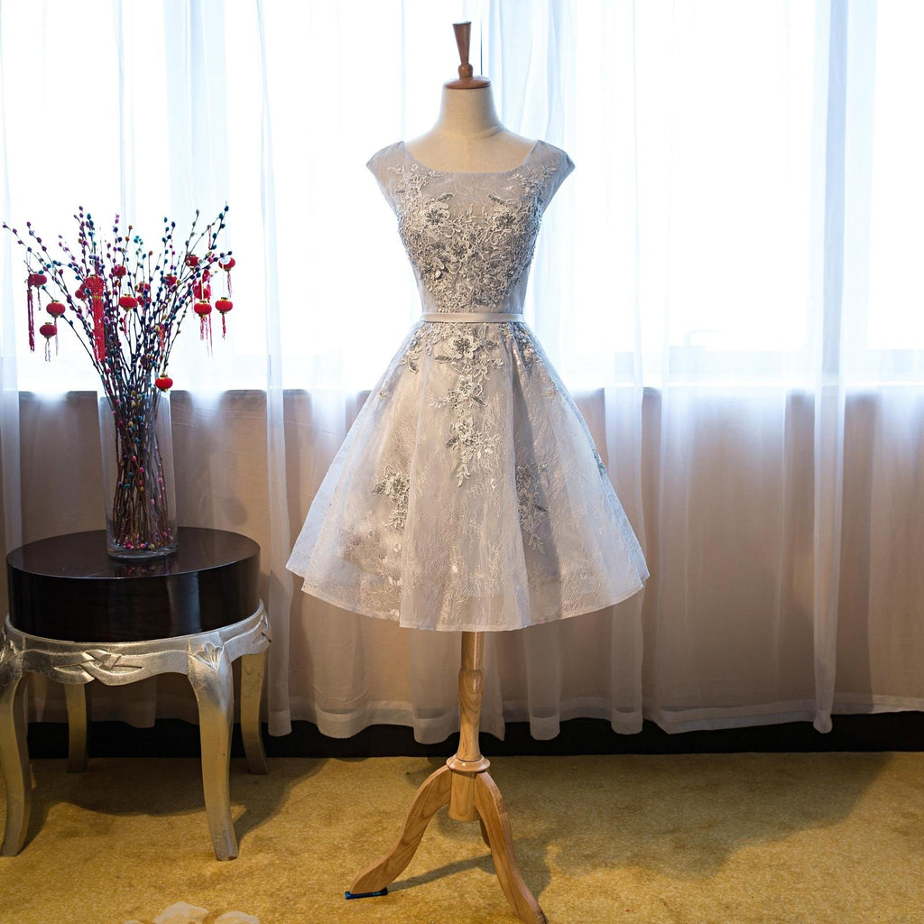 Light Grey Lace Short Homecoming Dress with Applique, Prom Dress Gradu ...