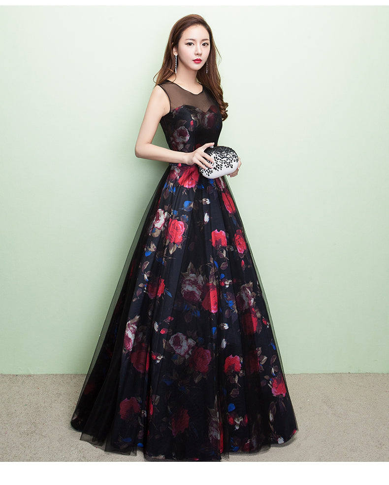 Beautiful A-line Black Round Neckline Party Dress, Long Floral Evening ...