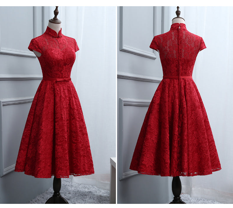 Red Lace Knee Length High Neckline Party Dress, Lace Homecoming Dresse ...