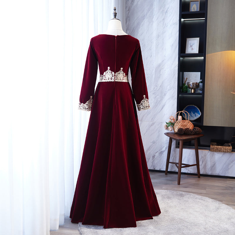 Wine Red Velvet A-line Long Sleeves Bridesmaid Dress with Lace, Dark R ...