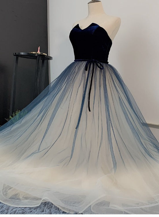 Unique Navy Blue Gradient Tulle with Velvet Top Prom Dress, Tulle Long ...
