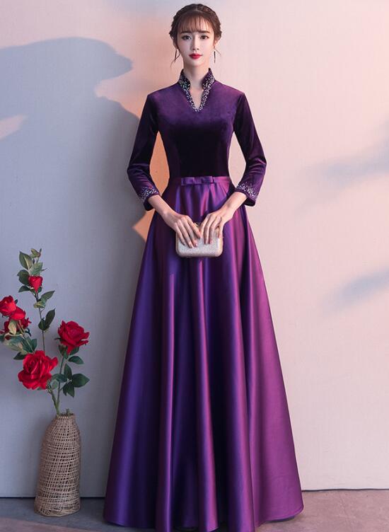 Dark Purple Satin Long Sleeves Beaded Velvet Bridesmaid Dress, Purple ...