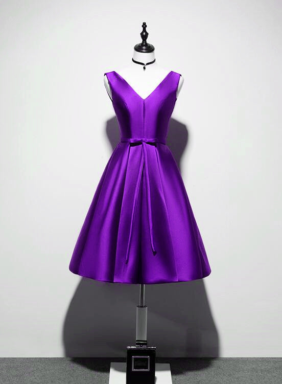 Elegant V-neckline Satin Purple Short Prom Dress, Purple Bridesmaid Dr ...