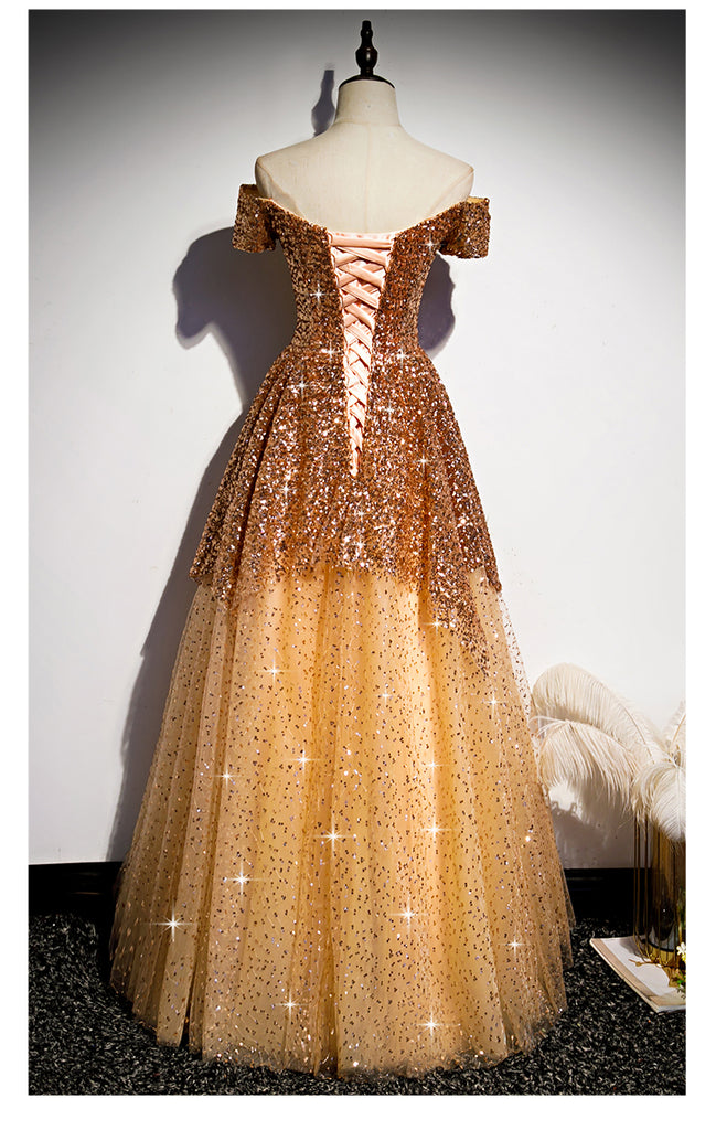 Gorgeous Gold Sequins Long Formal Gown, A-line Golden Tulle Prom Dress ...