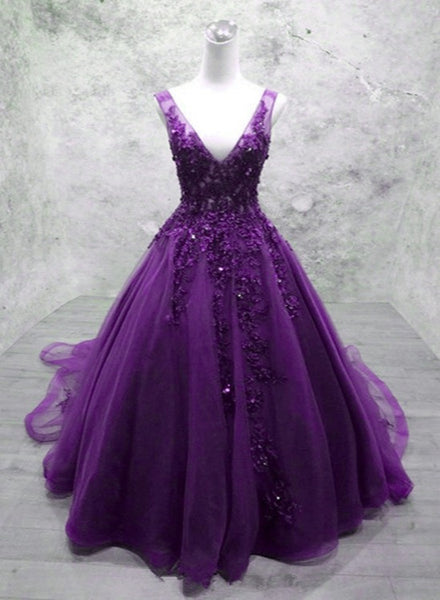 Glam Purple V-neckline Tulle Beaded and Lace Formal Gown, Purple Long ...