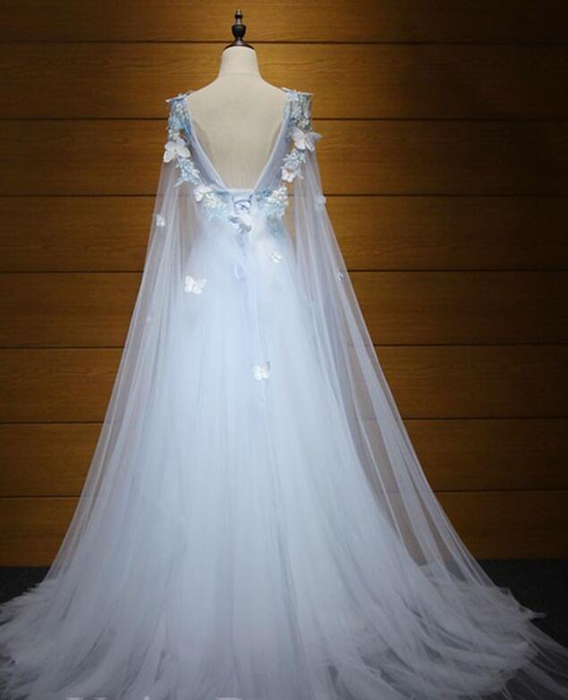 Light Blue Princess V Neck Low Back Tulle Prom Dress, Blue Evening Dre ...