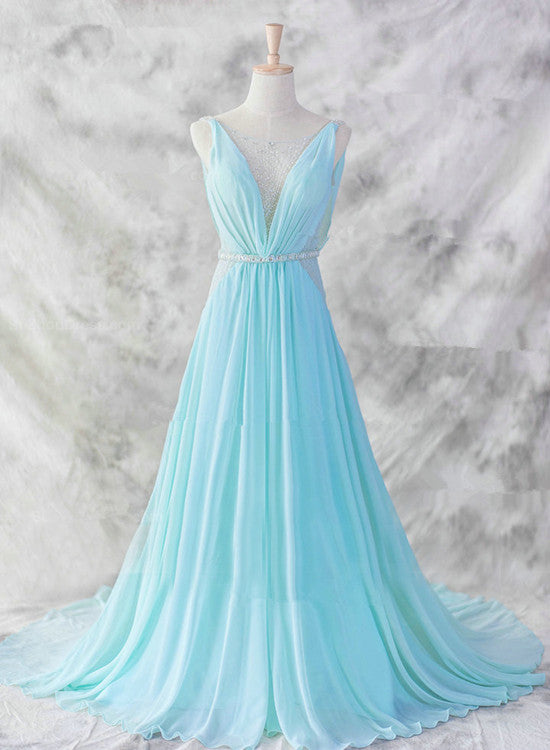 Light Blue Chiffon Long Evening Dress, Blue Beaded Waist Wedding Party ...