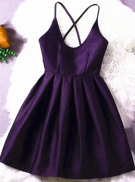 Beautiful Dark Purple Satin Short Homecoming Dress, Cute Party Dress ...
