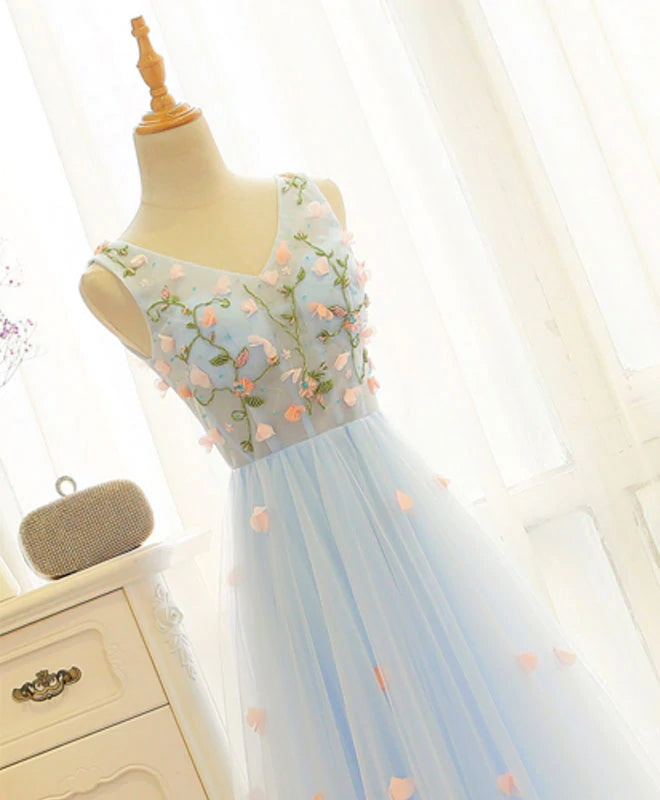 Beautiful Blue V-neckline Floral Lace Tulle Party Dress, A-line Blue E ...