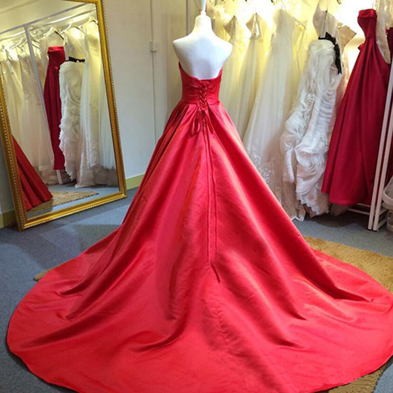 Red Satin Scoop Long Simple Wedding Party Dress, Red Satin Formal Gown ...
