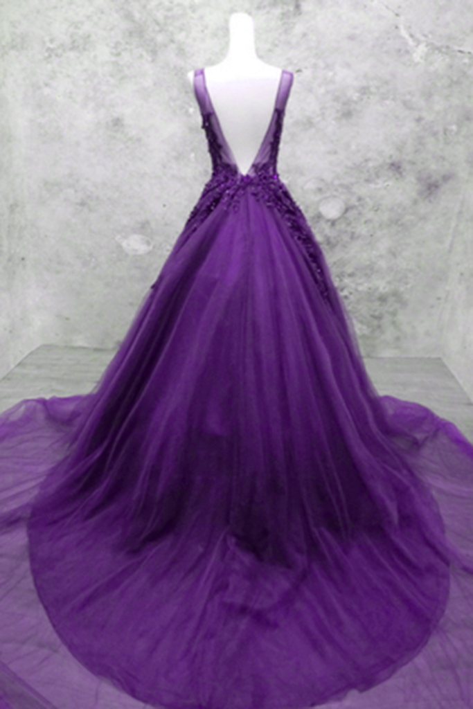 Glam Purple V-neckline Tulle Beaded and Lace Formal Gown, Purple Long ...